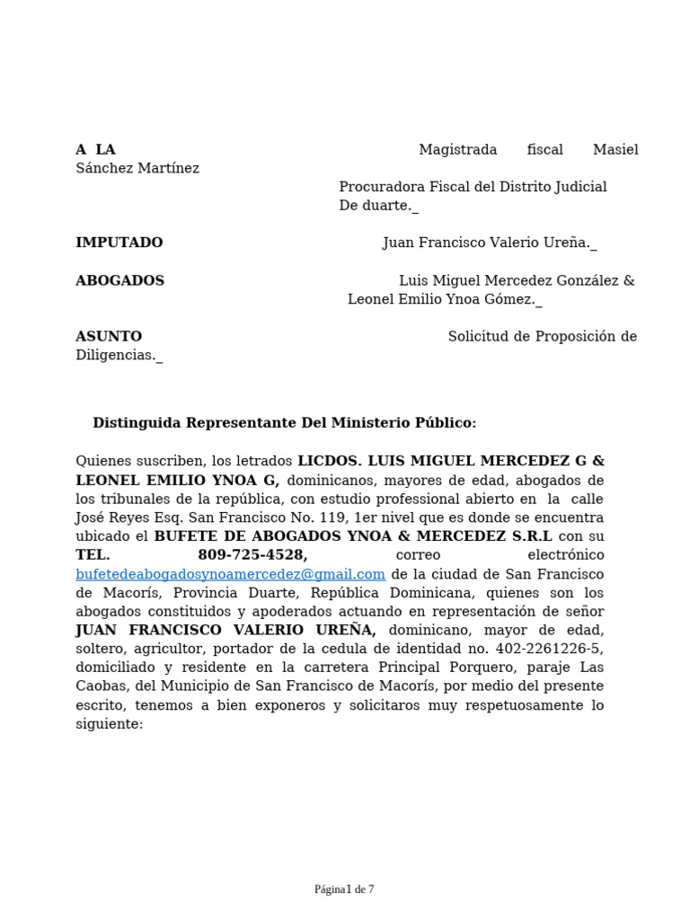 Solitud de Proposicion de Diligencia Juan Francisco Valerio Ureña VS ...