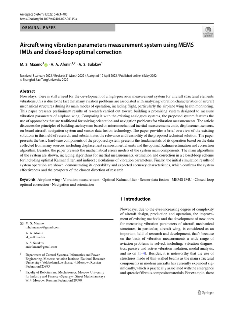 Aircraft wing vibration parameters measurement system using MEMS IMUs and closed-loop optimal ...