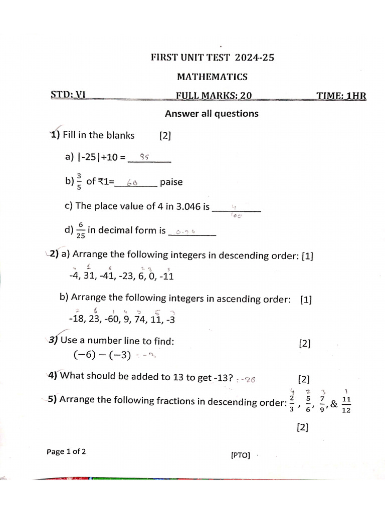 Class 6 Unit Test 1 Math Que 2024-25 ST Joseph School | PDF