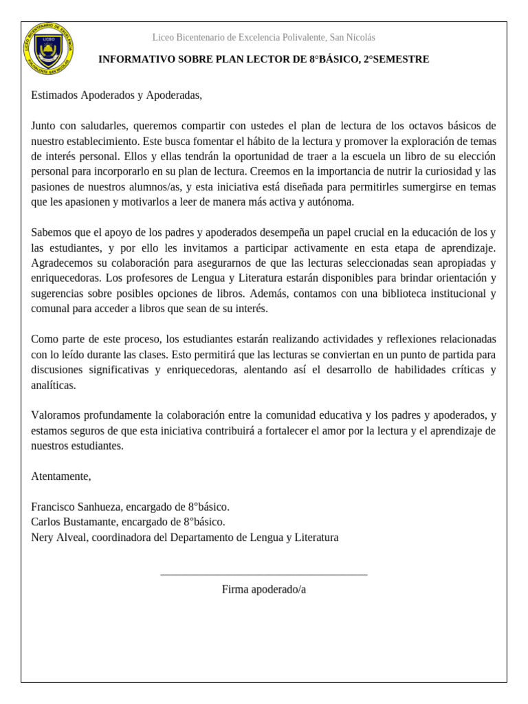 Comunicado Plan Lector 8° | PDF