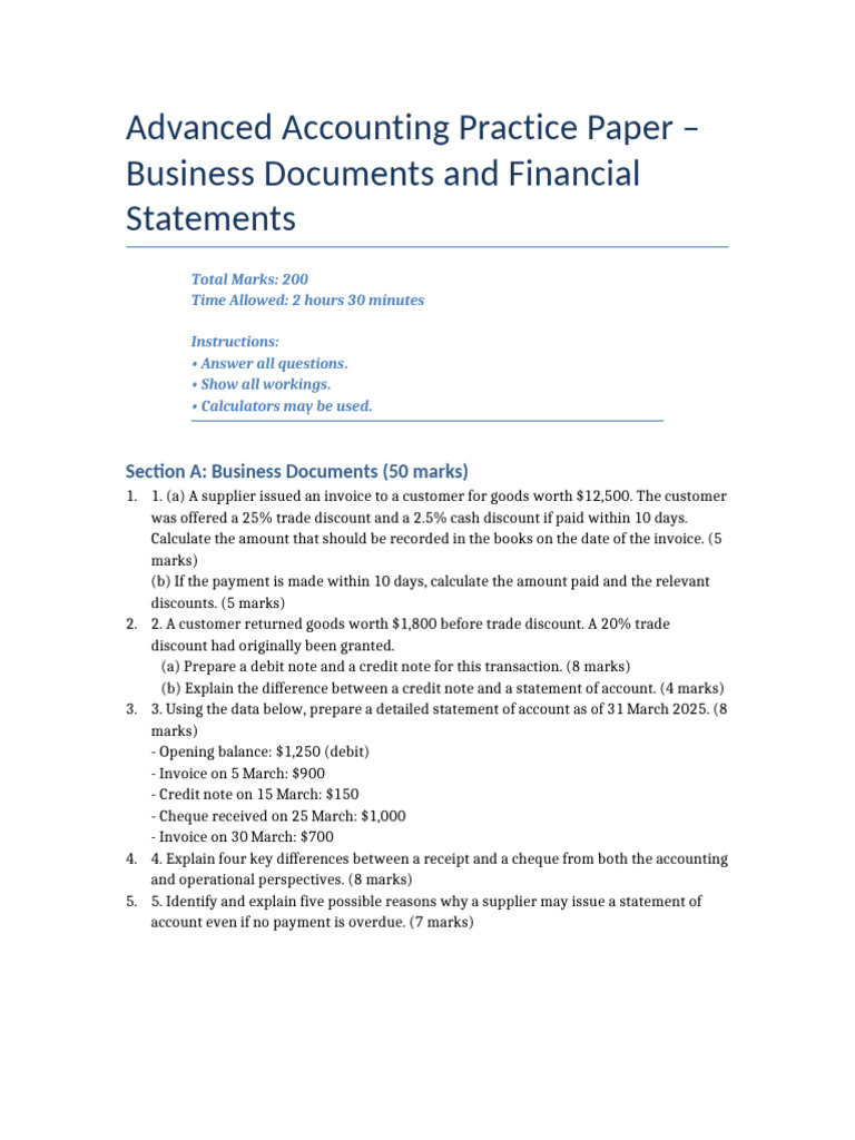 Advanced Accounting Practice Paper | PDF | Debits And Credits ...