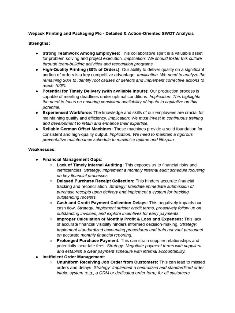 Wepack Printing and Packaging PLC - Detailed & Action-Oriented SWOT ...