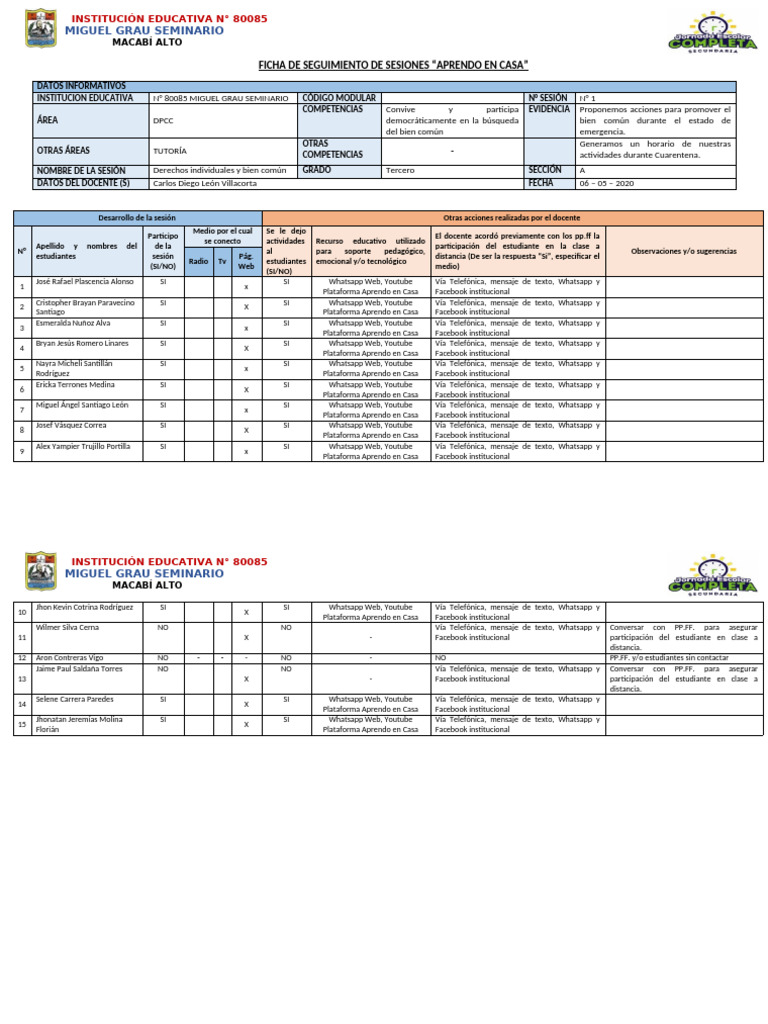 Ficha de Seguimiento de Sesiones A Distancia | PDF