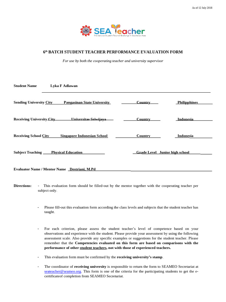 Final - B6 Student Performance Evaluation Form | PDF | Learning | Teachers