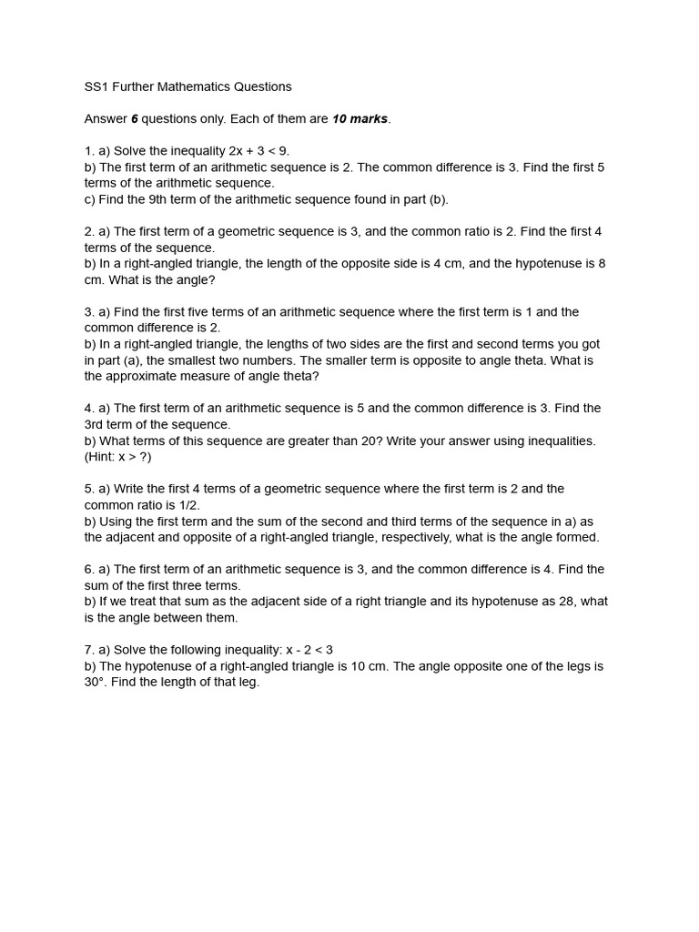 SS1 Further Mathematics Questions | PDF