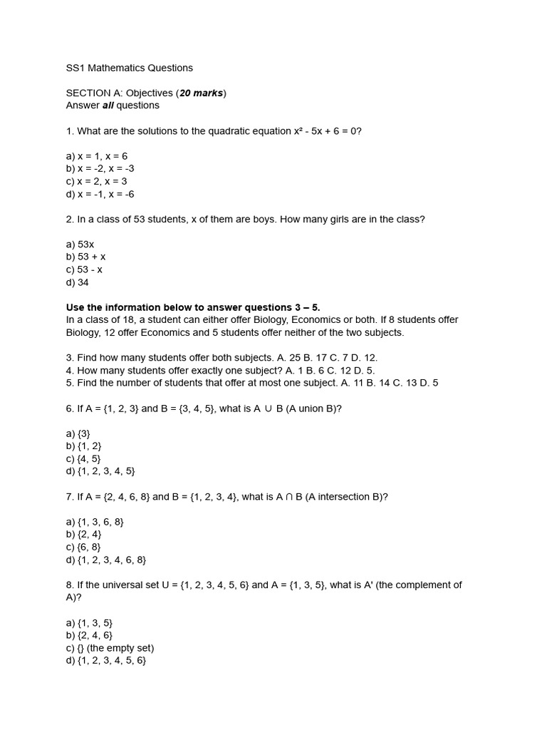 SS1 Mathematics Questions | PDF | Elementary Mathematics | Mathematics