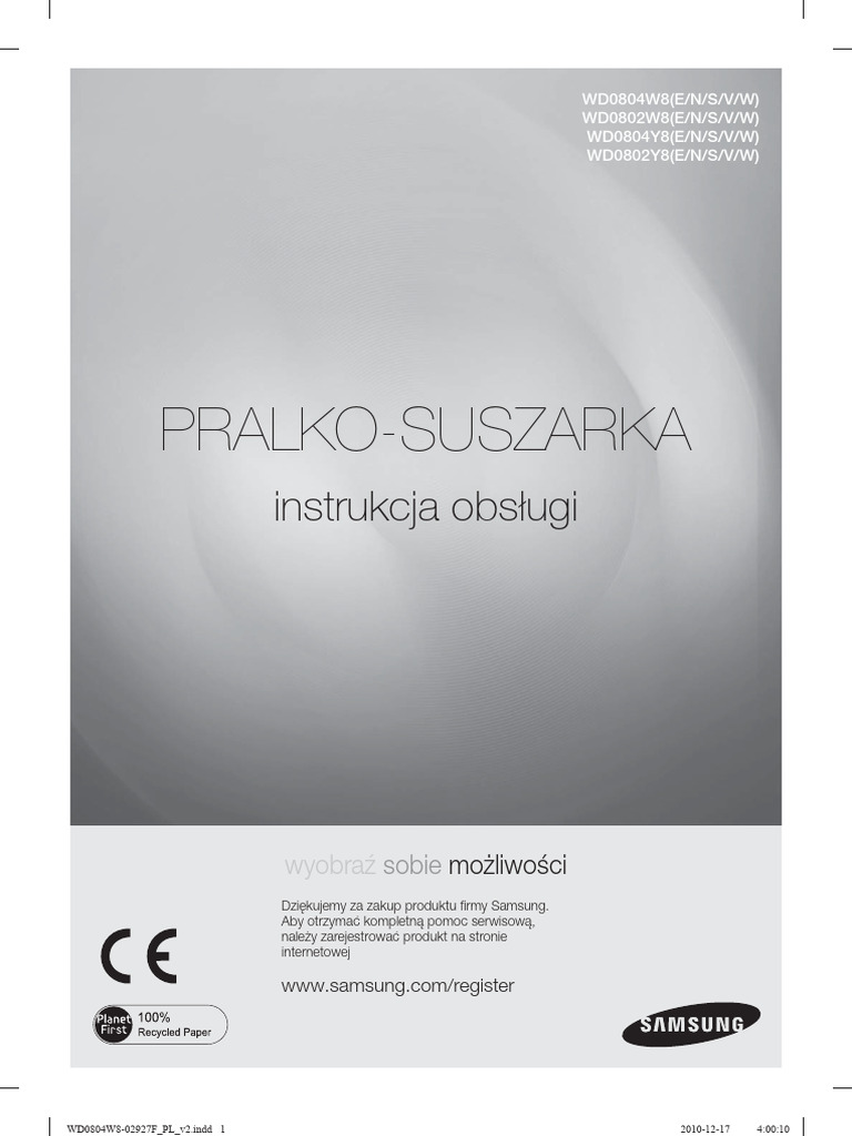 Instrukcja Obs Ugi Do Pralki Samsung WD0804W8E Eco Bubble PL | PDF