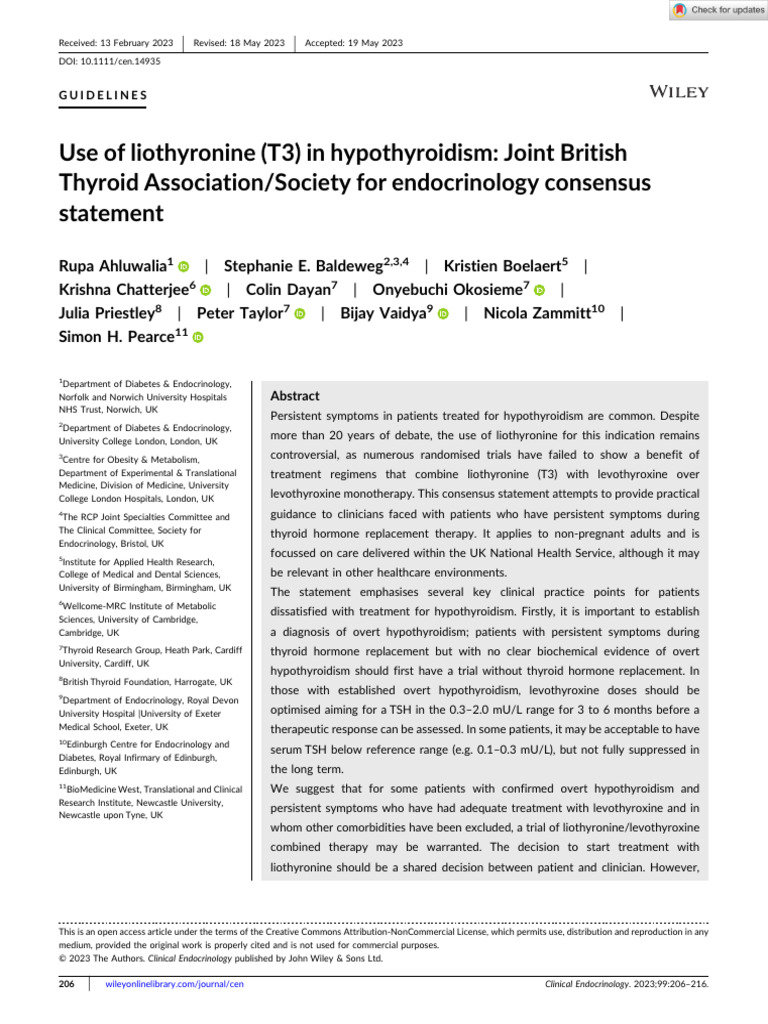 Use of Liothyronine in Hypothyroidism Joint British Thyroid Association Society For ...
