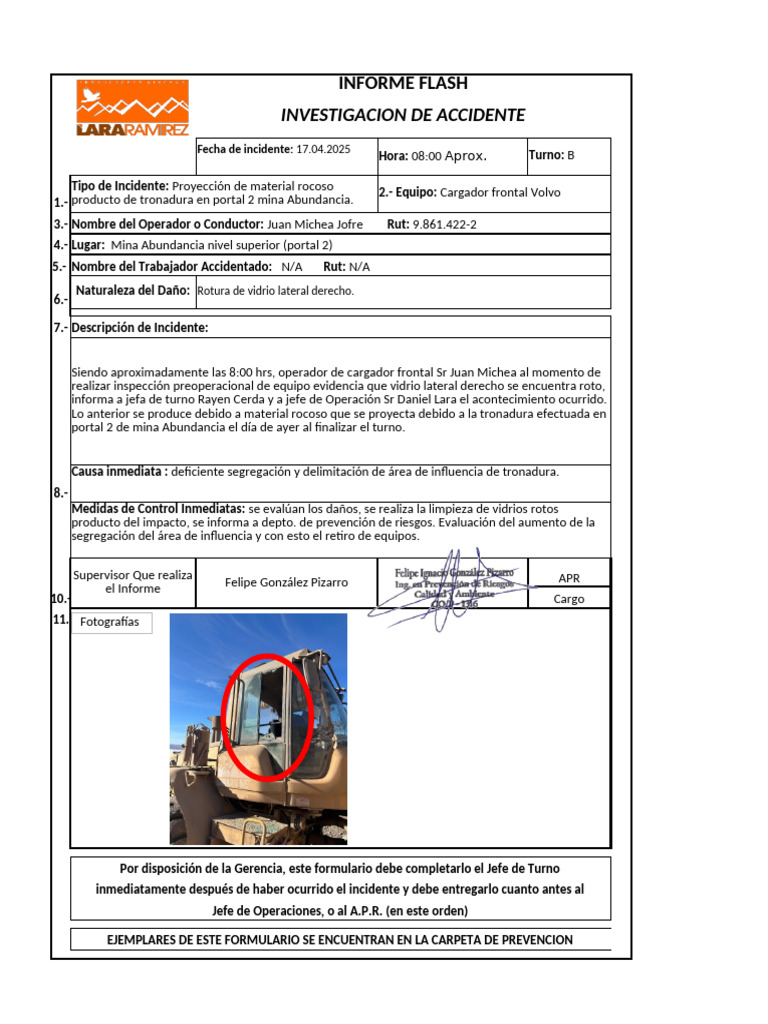 Informe Flash - Rotura Vidrio Lateral Cargador Frontal | PDF