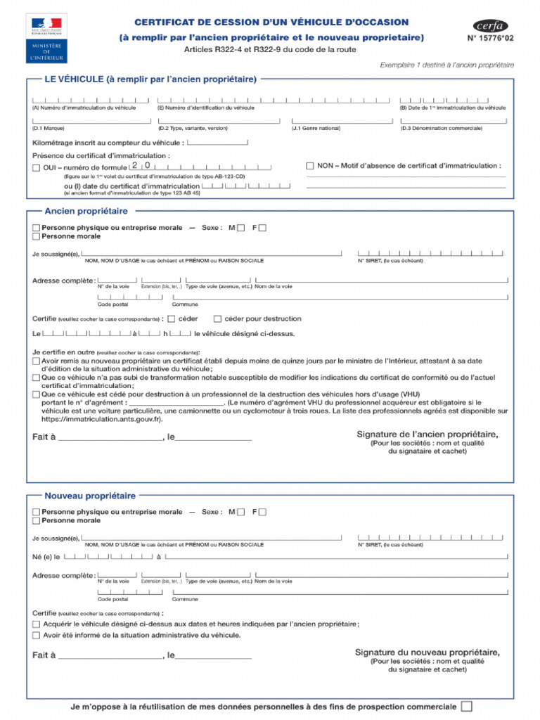 Declaration Cession Cerfa 15776 01 | PDF