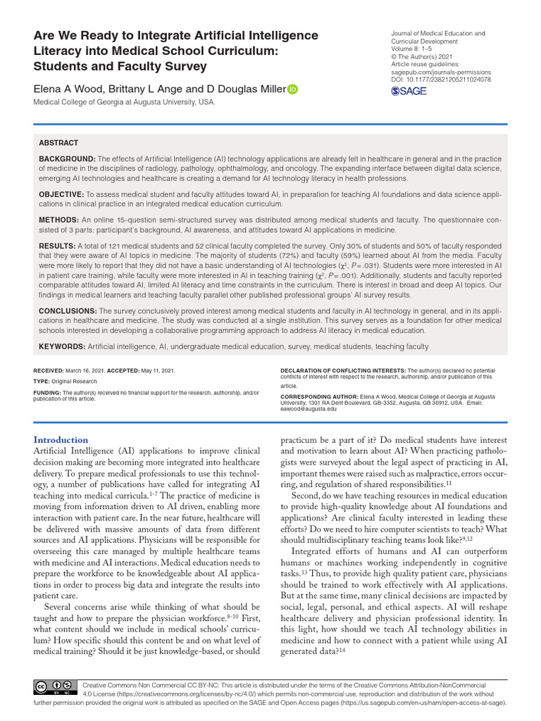 2021 Are We Ready To Integrate Artificial Intelligence Literacy Into Medical School Curriculum ...