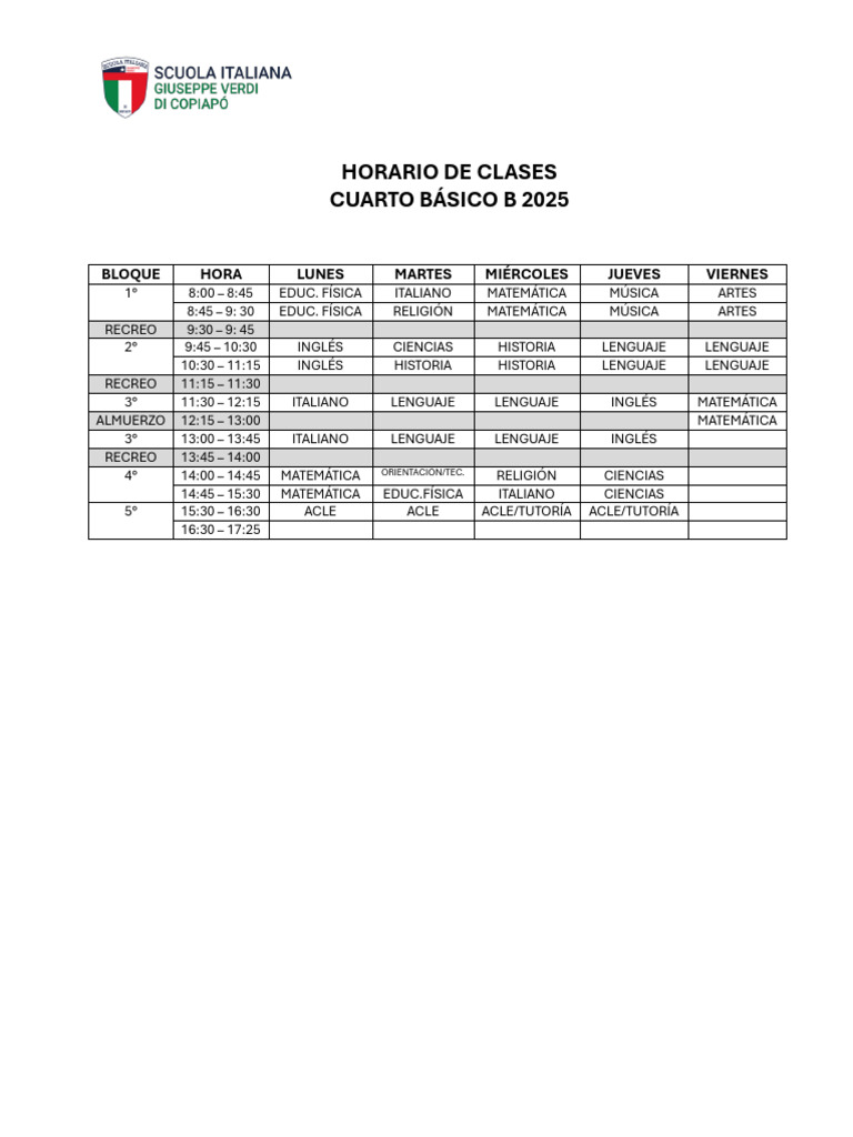 Horario Clases Cuarto Básico B 2025 | PDF