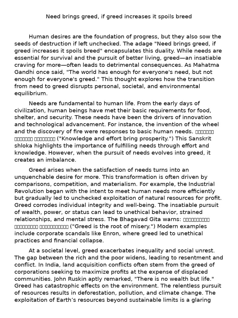 Need Brings Greed | PDF | Greed | Poverty