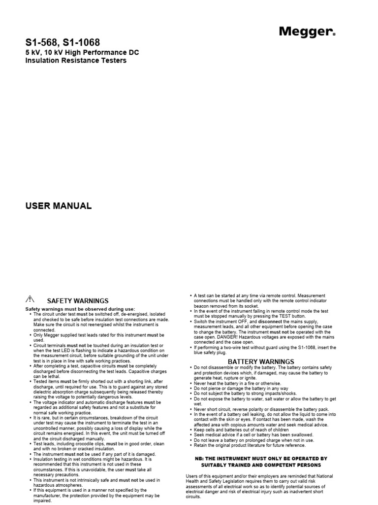 Megger S1-568 and S1-1068 User Manual | PDF | Capacitor | Switch