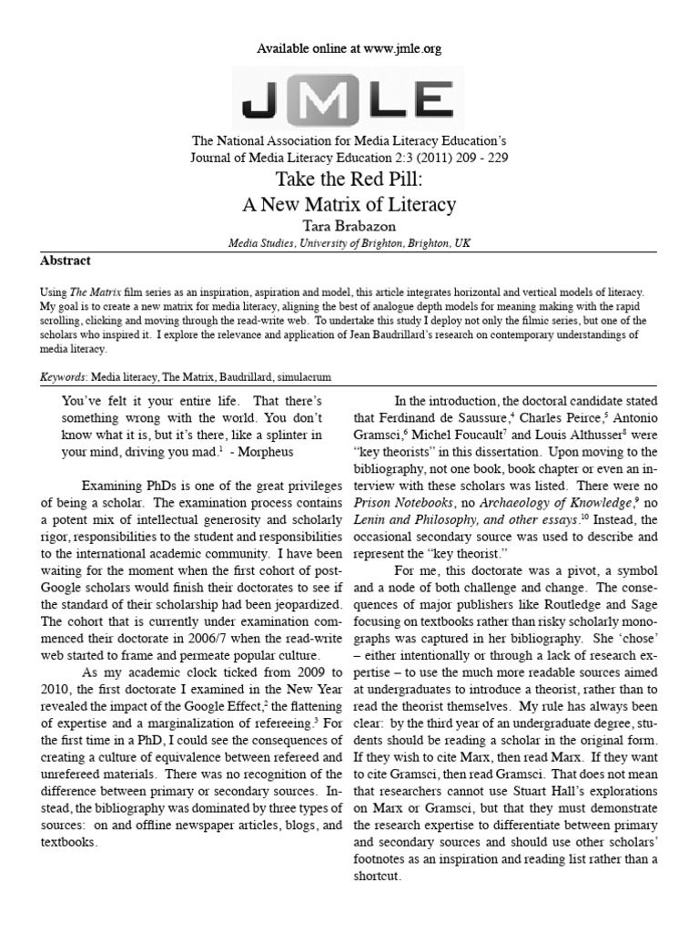 Take The Red Pill - A New Matrix of Literacy | PDF | Literacy | Knowledge