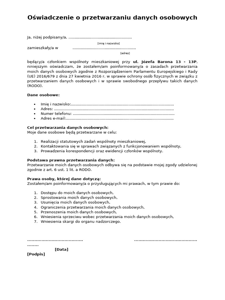 Wzór Oświadczenie RODO | PDF