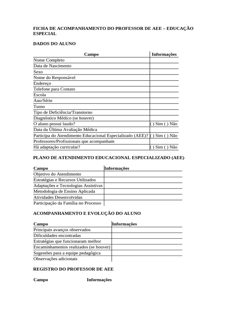 Ficha de Acompanhamento Do Professor de Aee | PDF