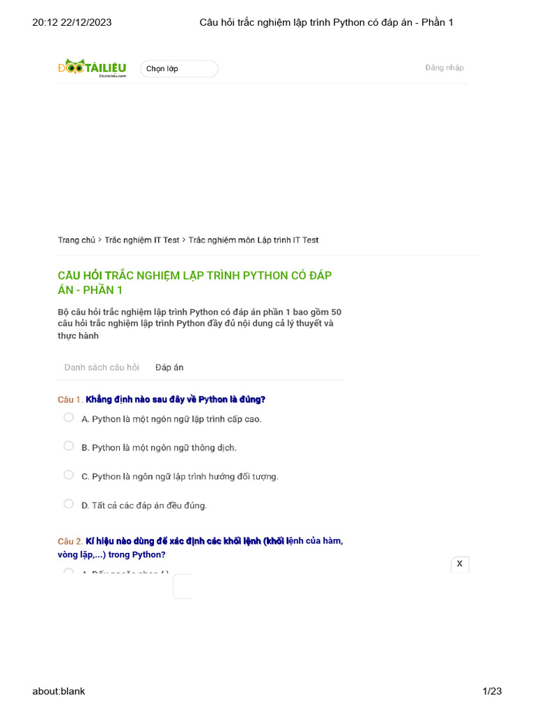 Câu hỏi trắc nghiệm lập trình Python có đáp án - Phần 1 | PDF