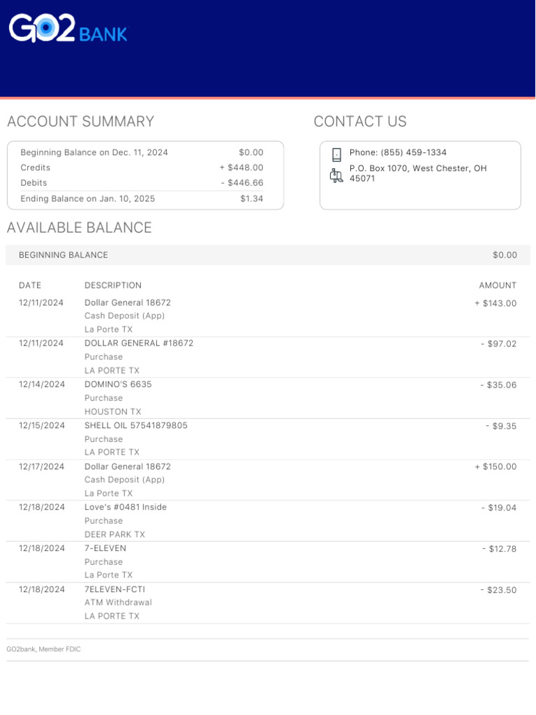 GO2bank Statement 202501 | PDF | Banks | Banking