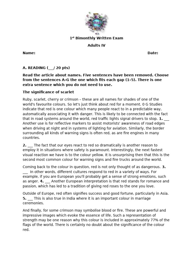 1st Written Exam - Adults IV | PDF