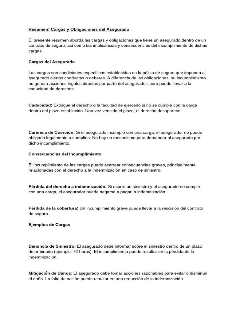 Resumen - Cargas y Obligaciones Del Asegurado | PDF | Daños y perjuicios | Seguro