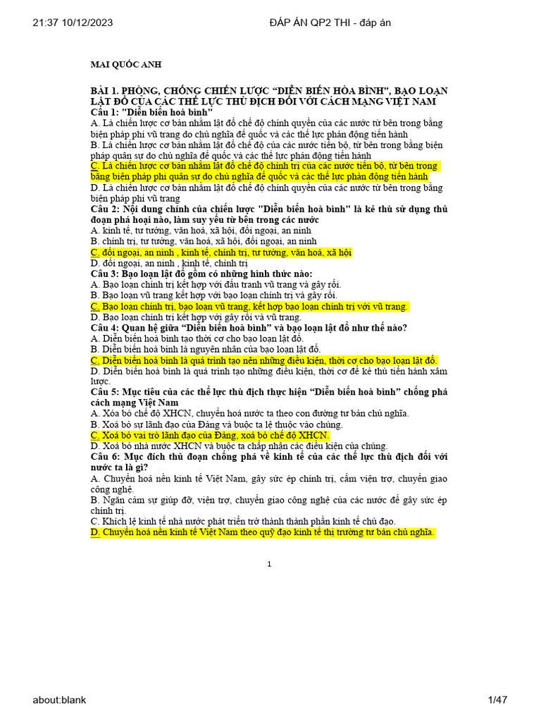 ĐÁP ÁN QP2 THI - đáp án | PDF