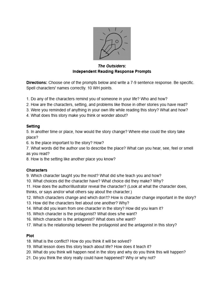 Outsiders Reader Response Prompts | PDF