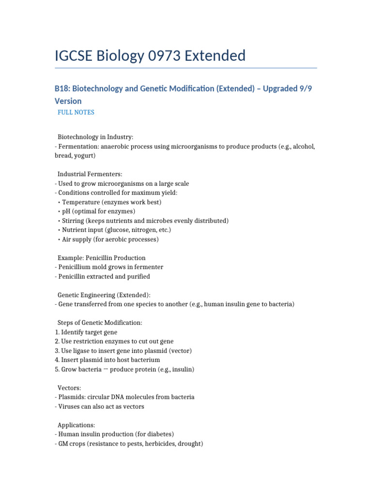 IGCSE Biology: Biotechnology & GM Overview | PDF | Genetic Engineering ...