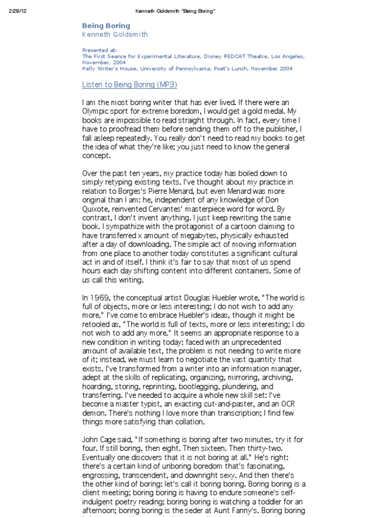 "Kenneth Goldsmith's 'Being Boring'" | PDF | Art | Poetry