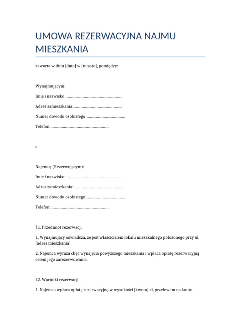 Umowa Rezerwacyjna Najmu | PDF