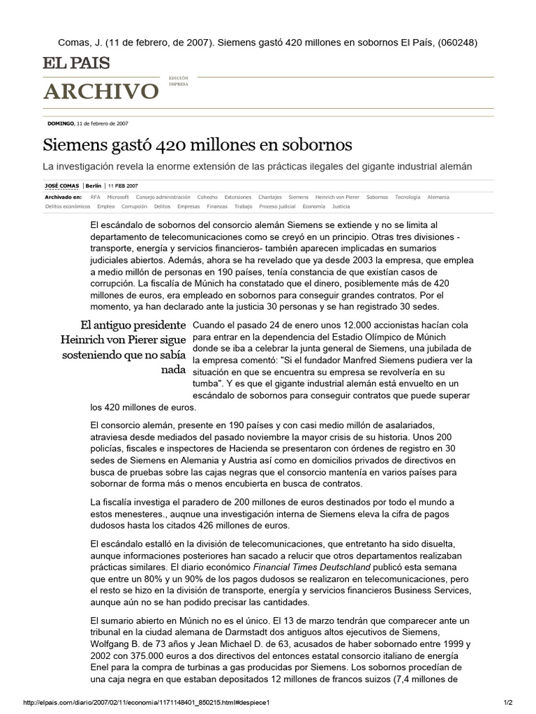 CASO - Siemens Gastó 420 Millones | PDF | Alemania | Política mundial