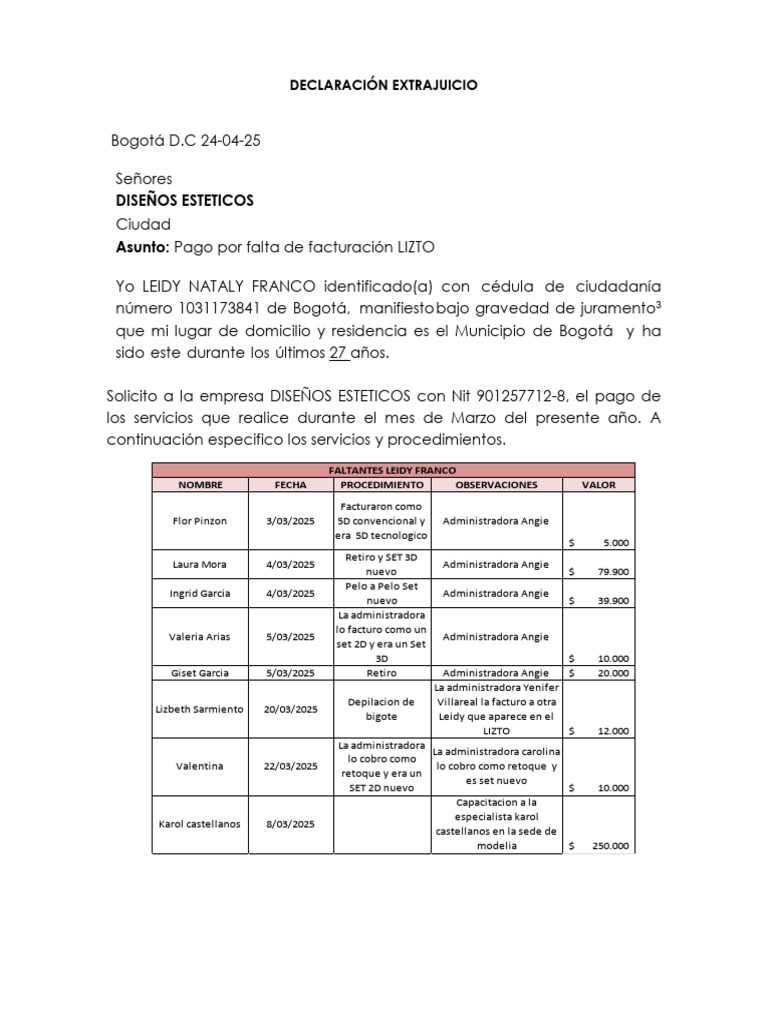 DECLARACION-EXTRAJUICIO Leidy | PDF