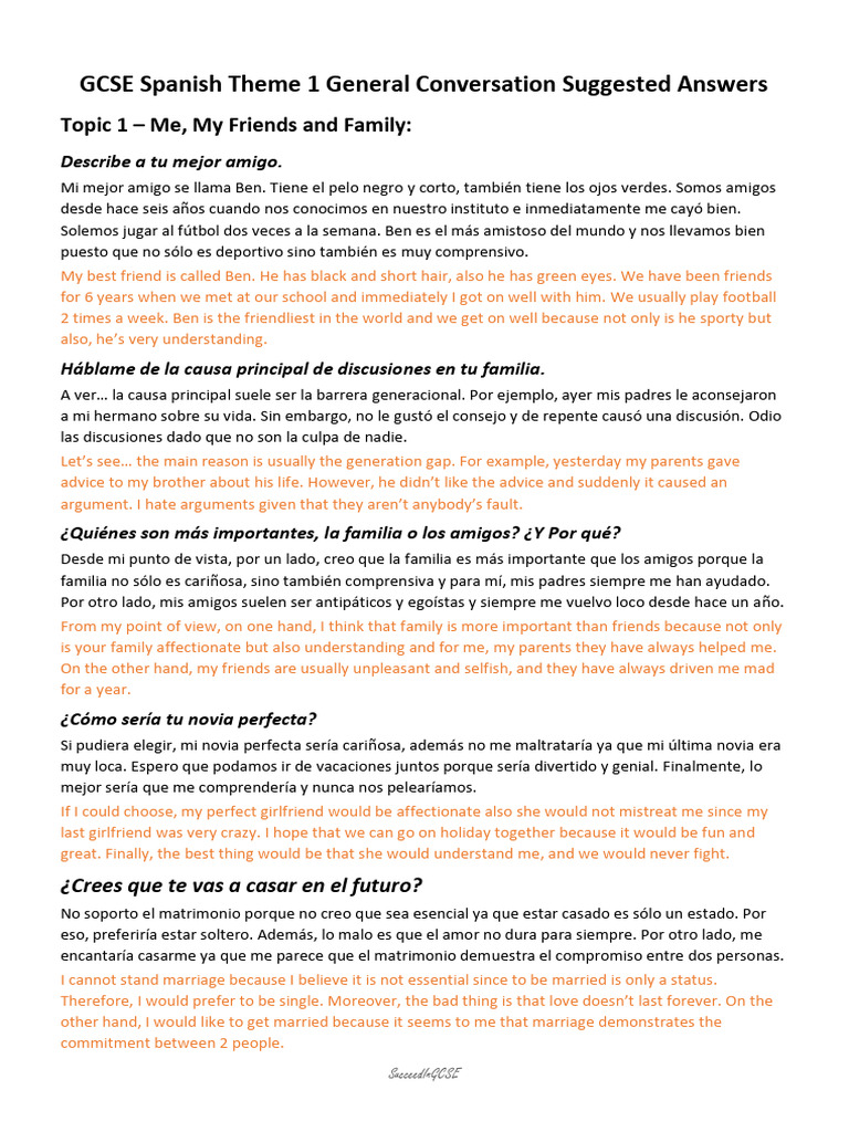 GCSE-Spanish-Theme-1-General-Conversation-Suggested-Answers 3 | PDF