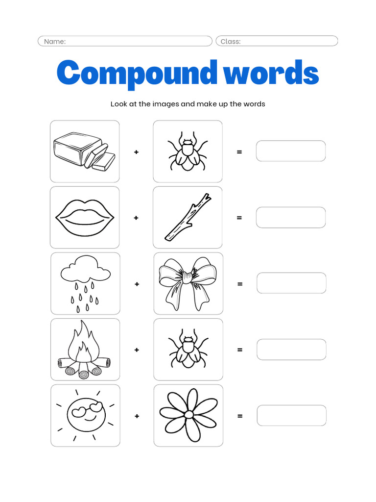 Blue White Simple Coloring Compound Words Worksheet | PDF