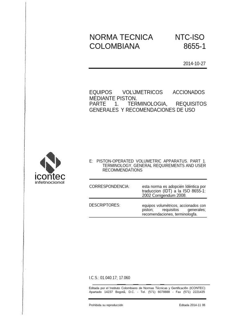 Norma Técnica NTC-ISO 8655-1 | PDF | Calibración | Pistón