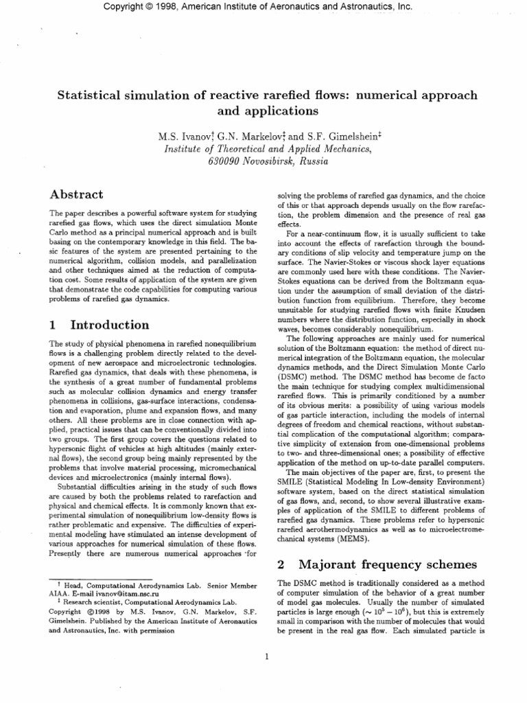 Statistical simulation of reactive rarefied flows_ numerical approach | PDF | Fluid Dynamics | Gases