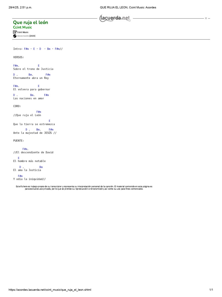 QUE RUJA EL LEON, Ccint Music - Acordes | PDF