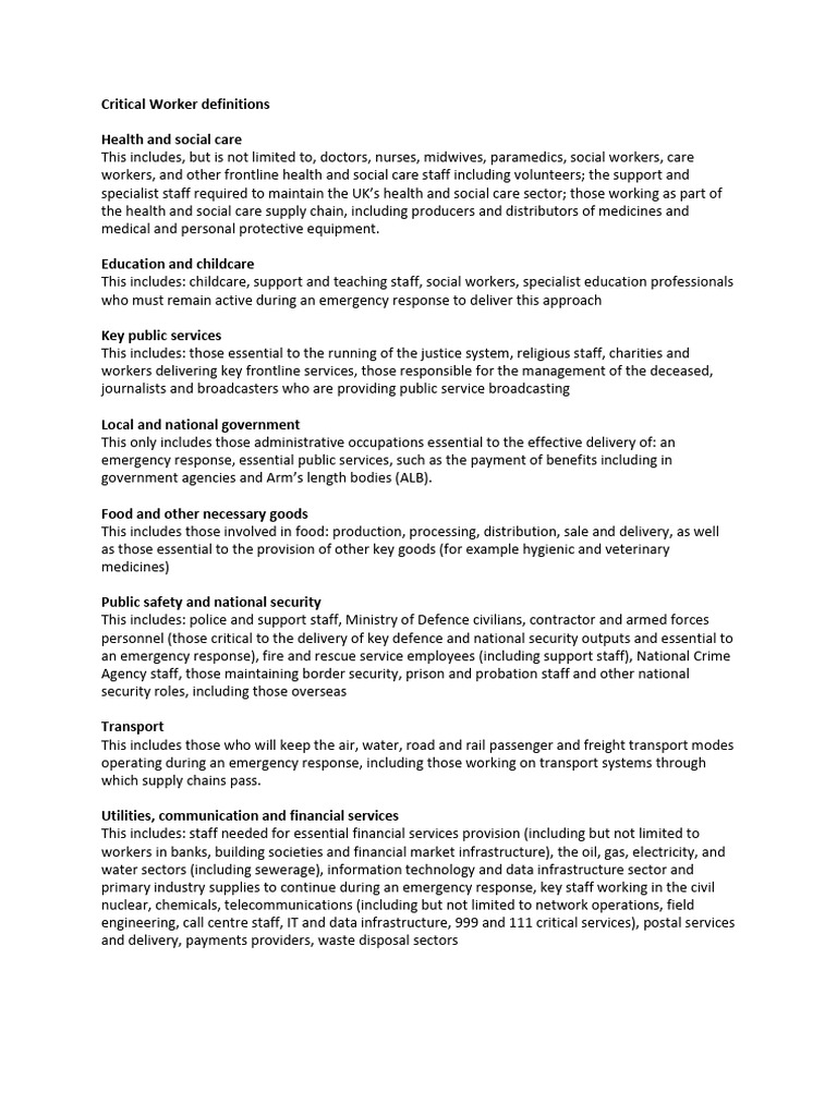 Definitions of Critical Workers | PDF | Social Work | Transport