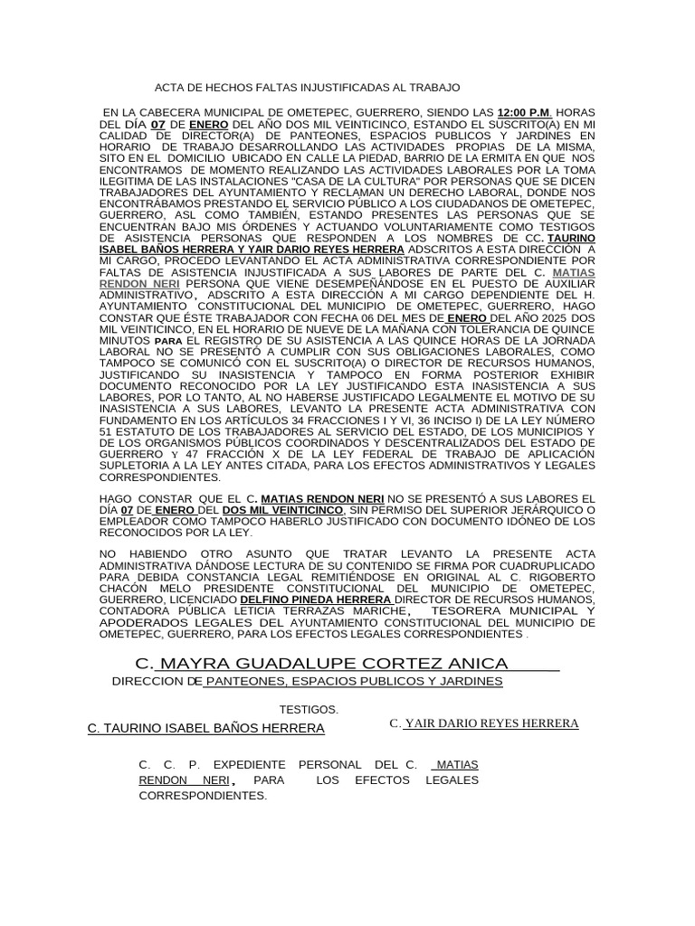 Acta de Hechos Faltas Injustificadas Al Trabajo | PDF | Gobierno