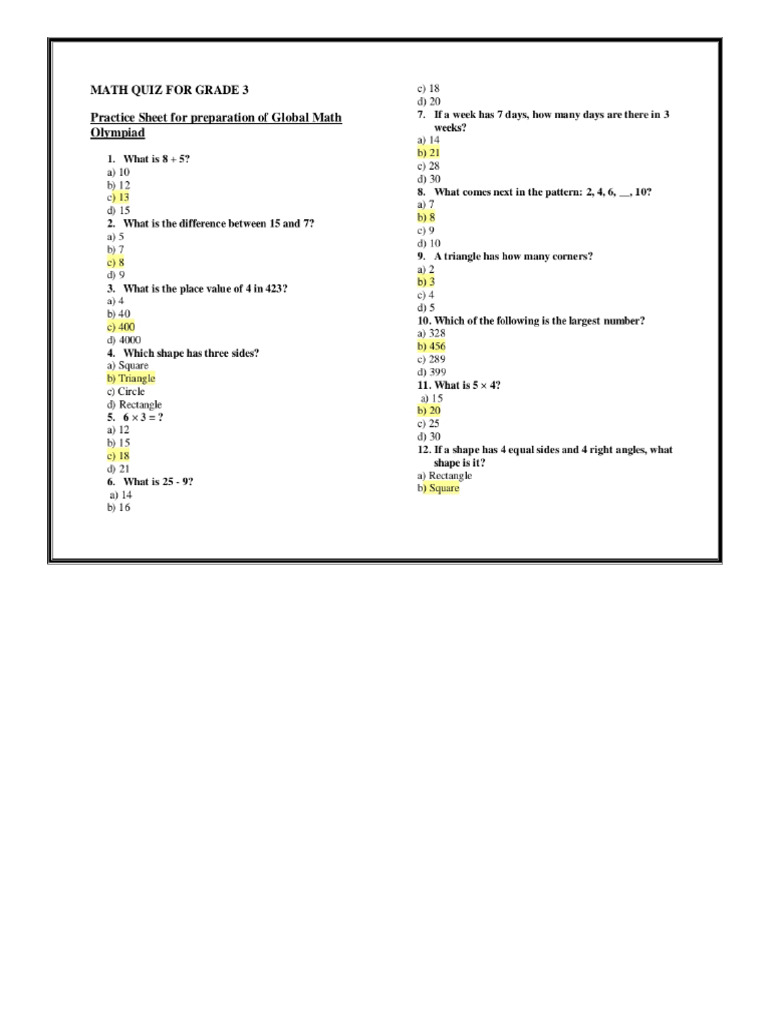Math quiz Grade 3 | PDF