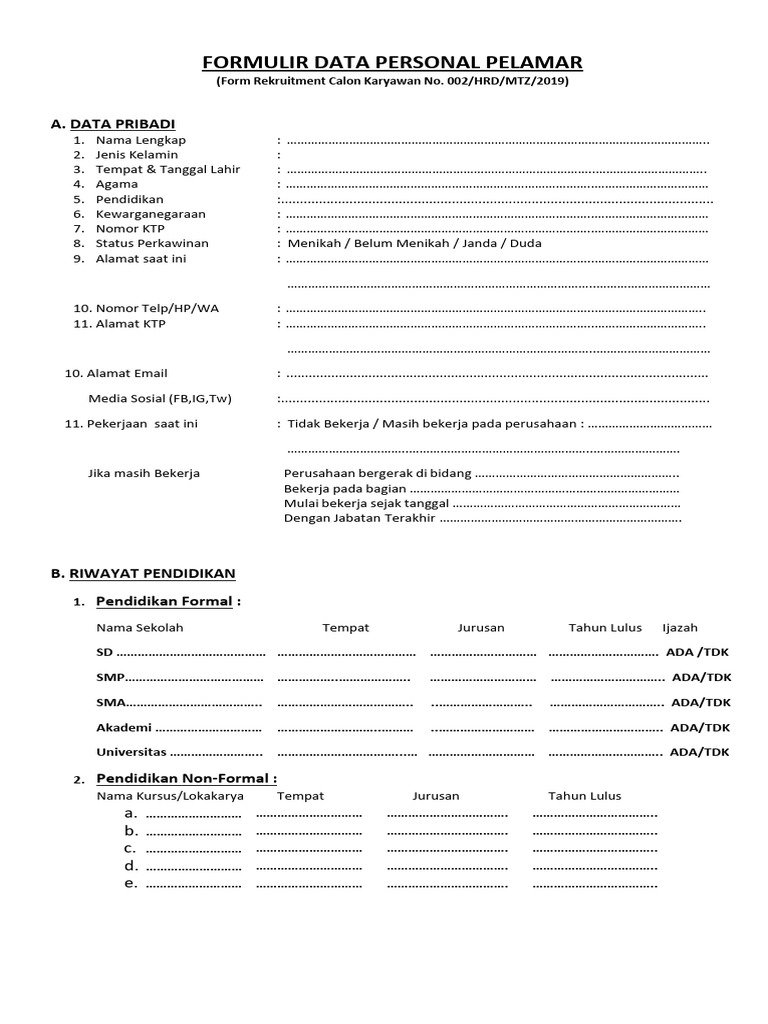 Formulir Data Pribadi Pelamar Kerja | PDF