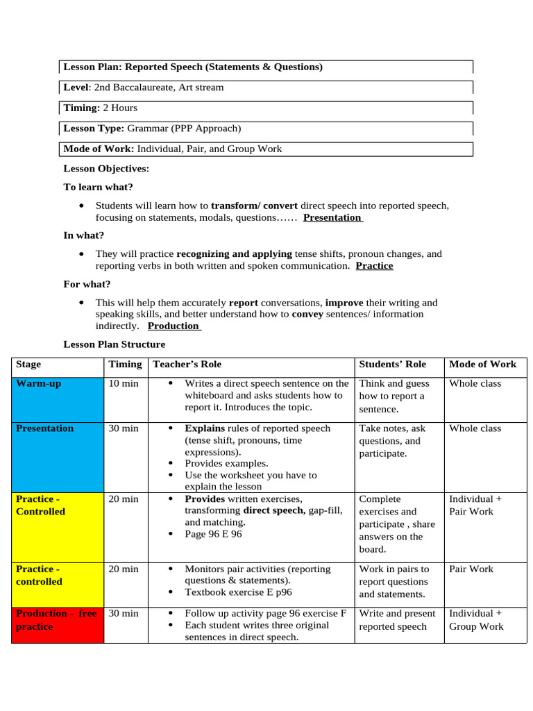 Reported speech lesson plans | PDF | Question | Semantic Units
