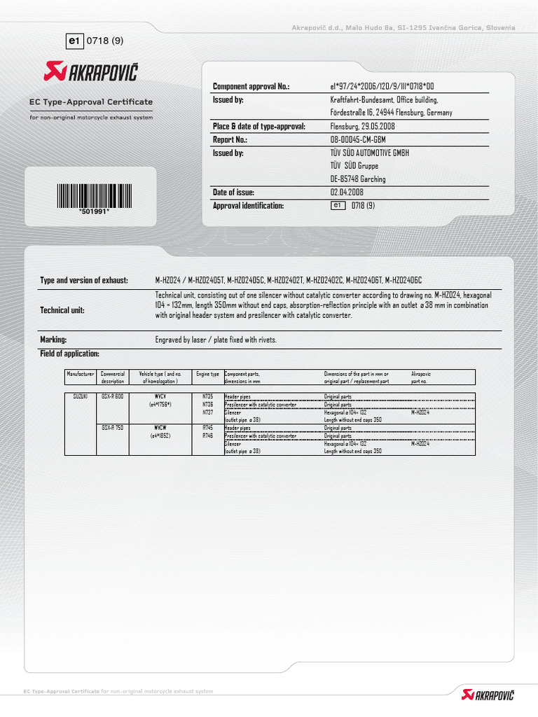 Certificat Homologation Échappement | PDF