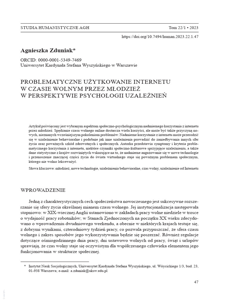 Zduniak 2023 Problematyczne Uzytkowanie Internetu | PDF