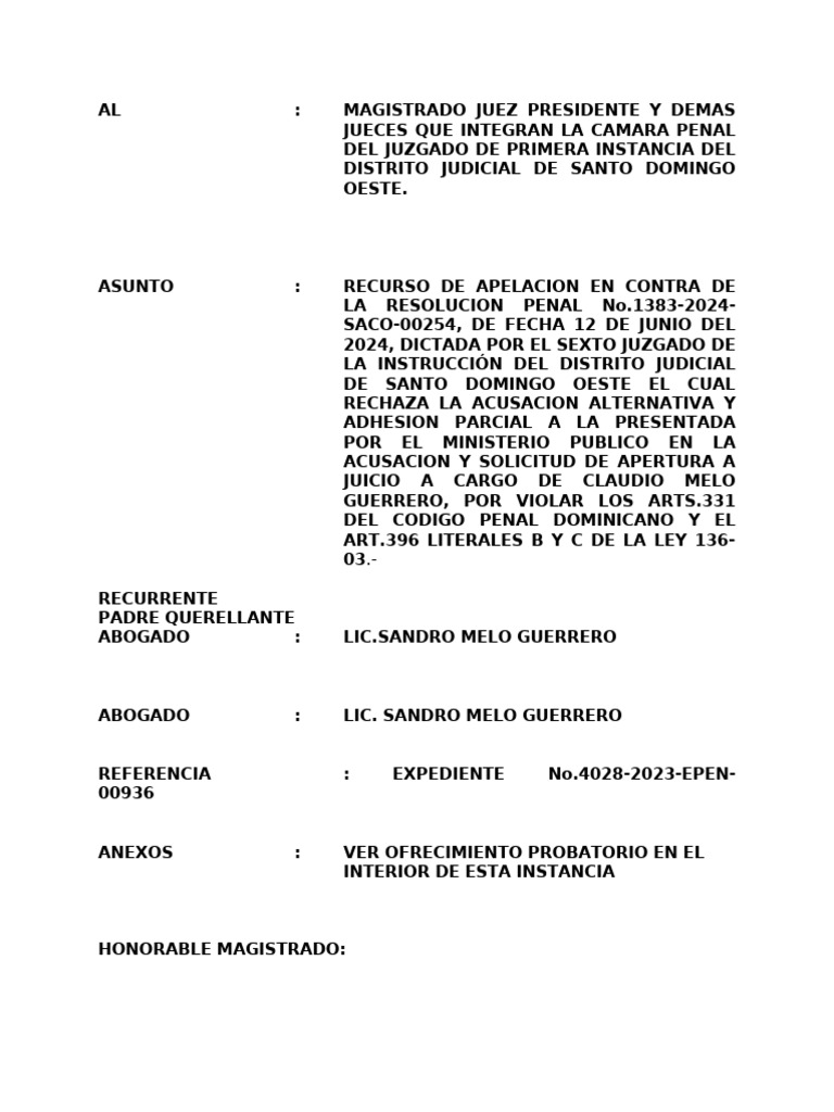 Recurso de Apelacion Acusacion Alternativa de Imputado Sexoquerella. - Caso Sandro | PDF | Queja ...