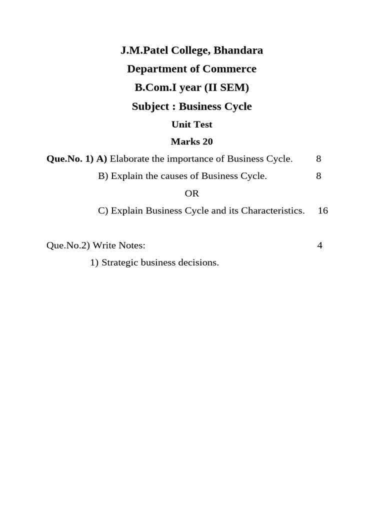 Business Cycle Unit Test for B.Com Students | PDF