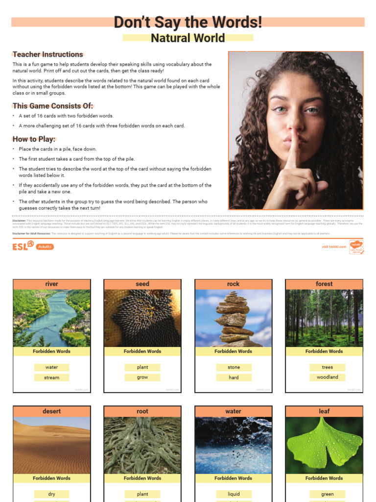 ESL Speaking Game: Natural Vocabulary | PDF | English As A Second Or ...