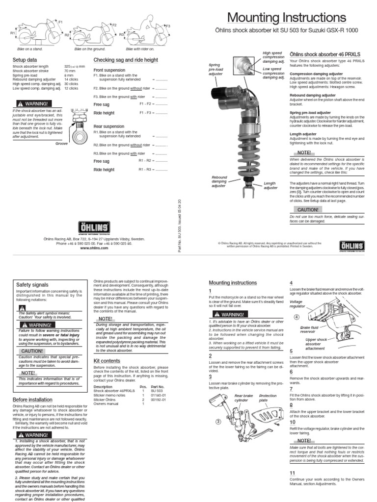 Ohlins - Europe - Einbauanleitung Oehlins Motorrad Su 503 | PDF | Automotive Technologies | Vehicles