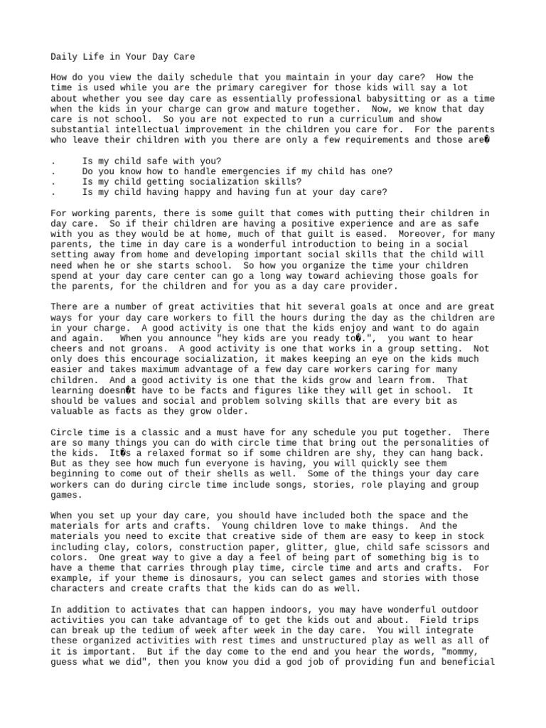 Daily Life in Your Day Care | PDF | Child Care | Human Development