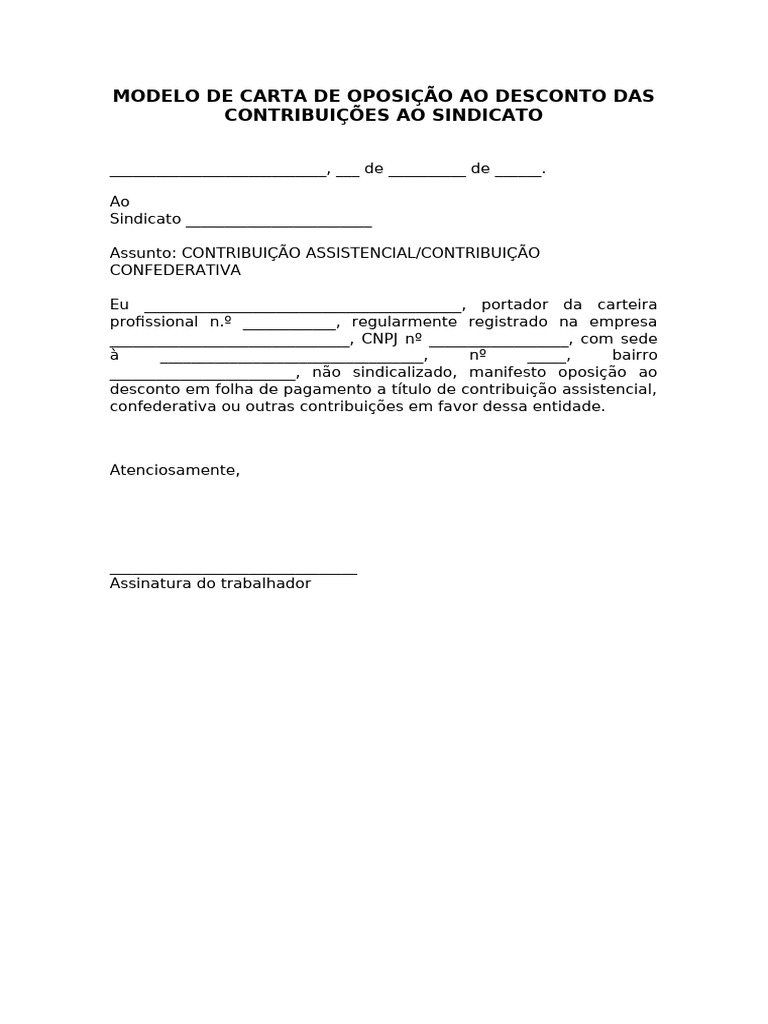 Carta de Oposição ao Desconto Sindical | PDF